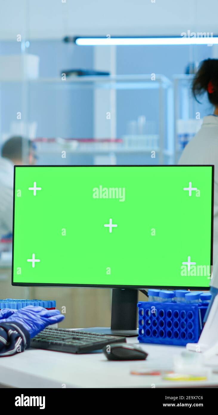 Medical Research Scientist Working On Pc With Green Screen Mock Up Template In Applied Science