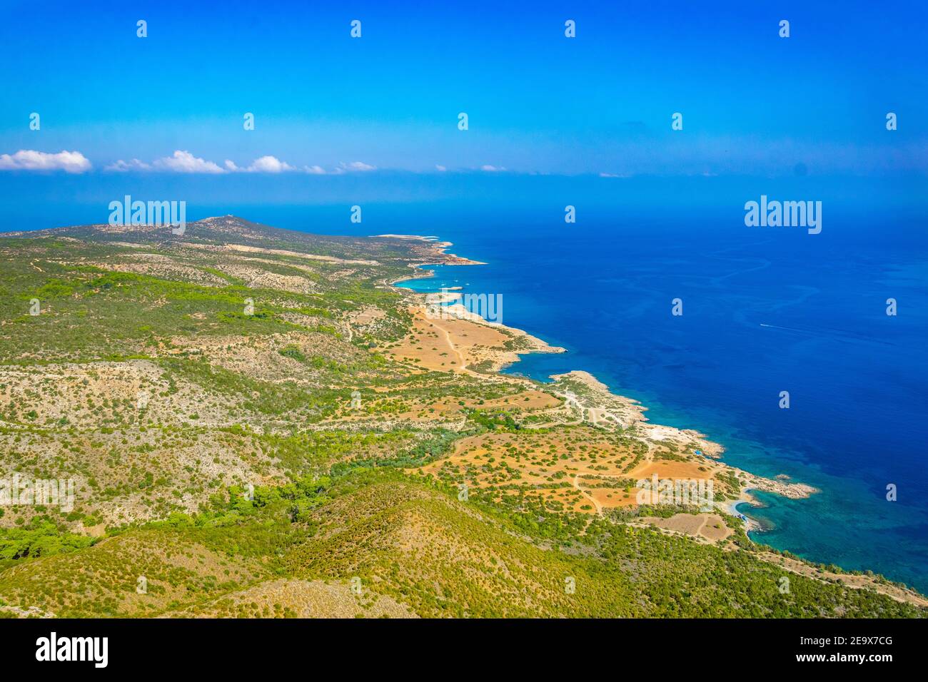 Aerial view of Blue lagoon and other bays at Akamas peninsula on Cyprus ...