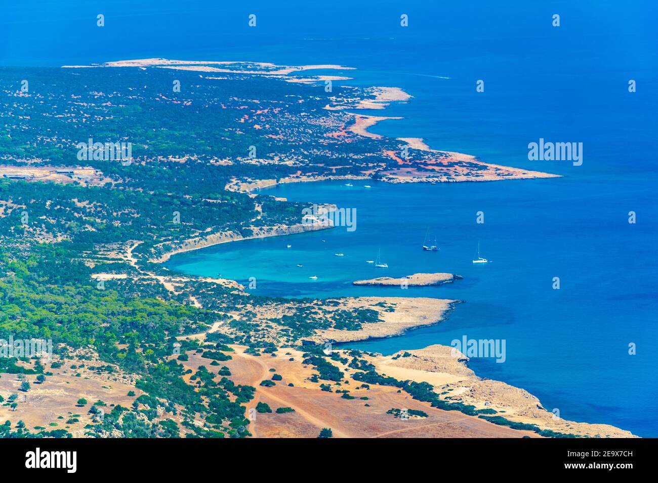 Aerial view of Blue lagoon and other bays at Akamas peninsula on Cyprus ...