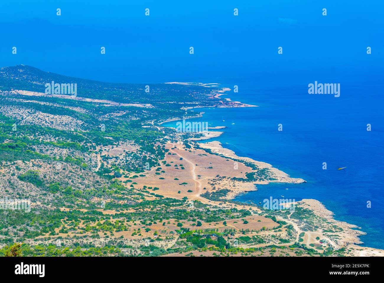 Aerial view of Blue lagoon and other bays at Akamas peninsula on Cyprus ...