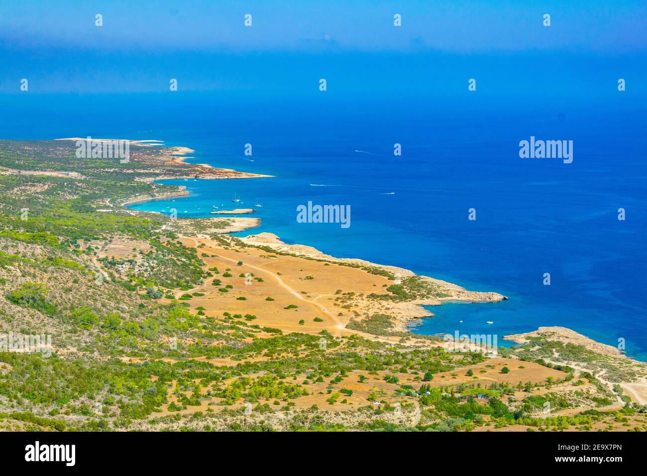 Aerial view of Blue lagoon and other bays at Akamas peninsula on Cyprus ...