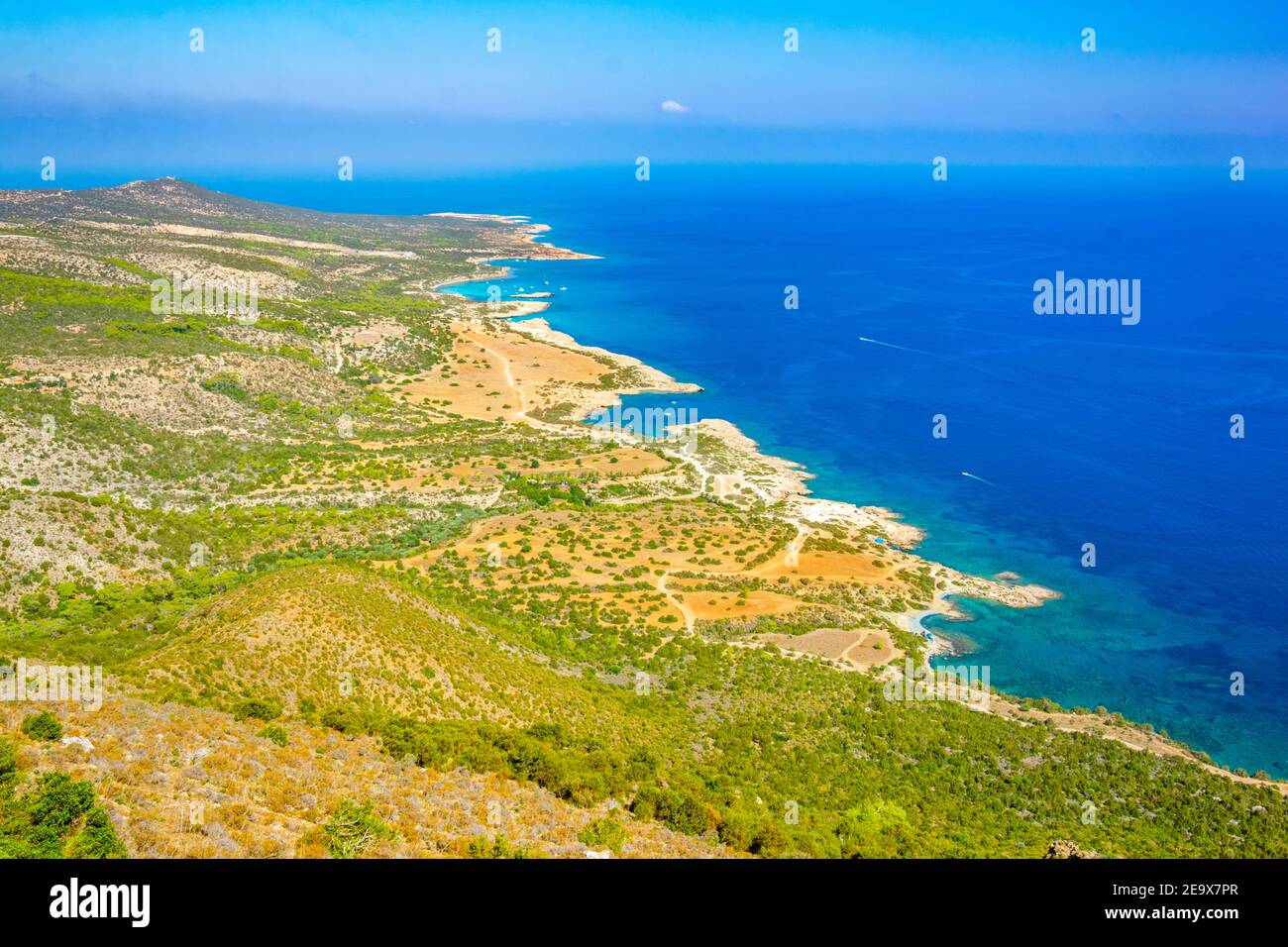 Aerial view of Blue lagoon and other bays at Akamas peninsula on Cyprus ...