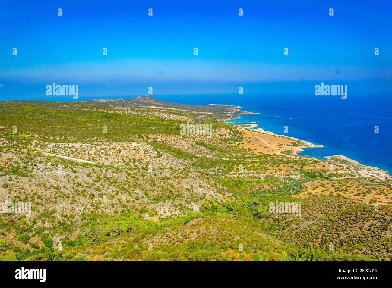 Aerial view of Blue lagoon and other bays at Akamas peninsula on Cyprus ...