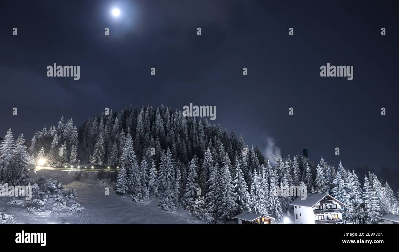 Snowy Mountain Landscape With Bright Full Moon On A Winter Night Stock ...