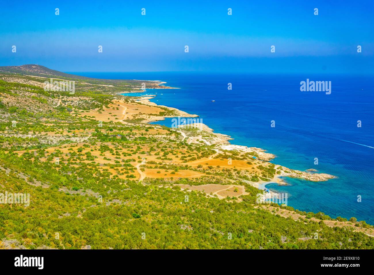 Aerial view of Blue lagoon and other bays at Akamas peninsula on Cyprus ...