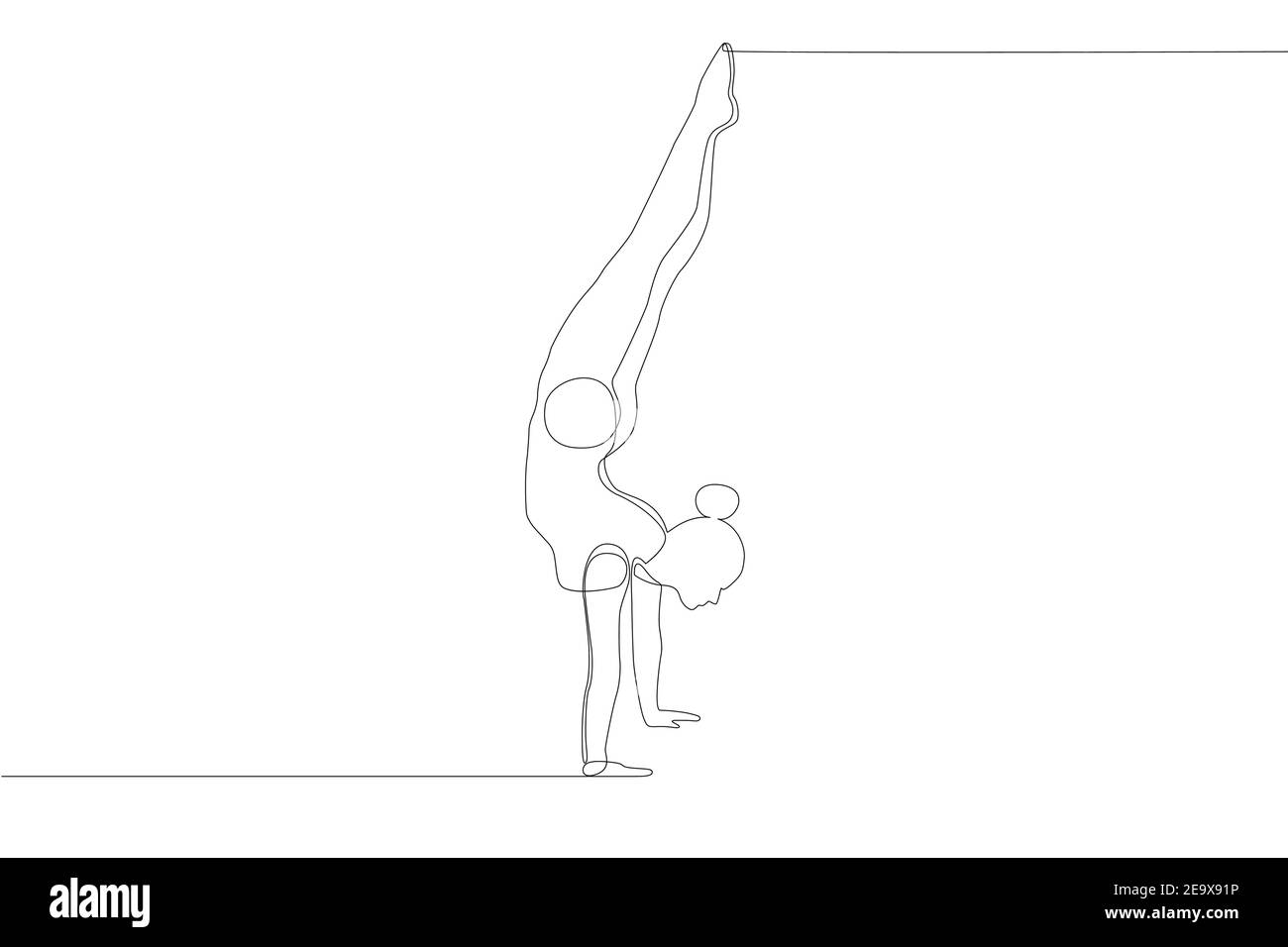 Silhouette of a girl gymnast stands on her hands. One line drawing ...
