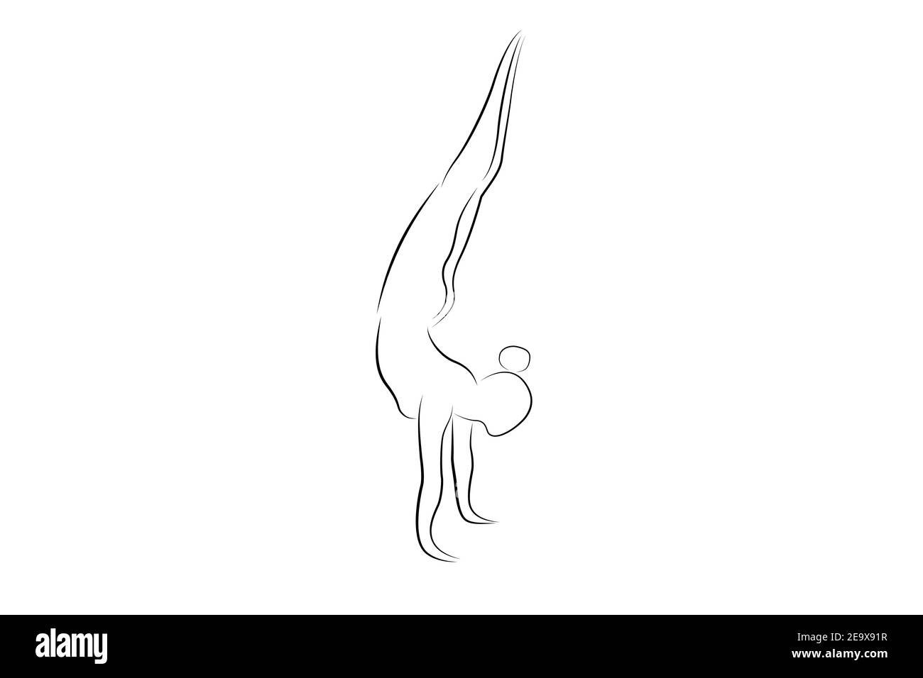 Silhouette of a girl gymnast stands on her hands. One line drawing ...