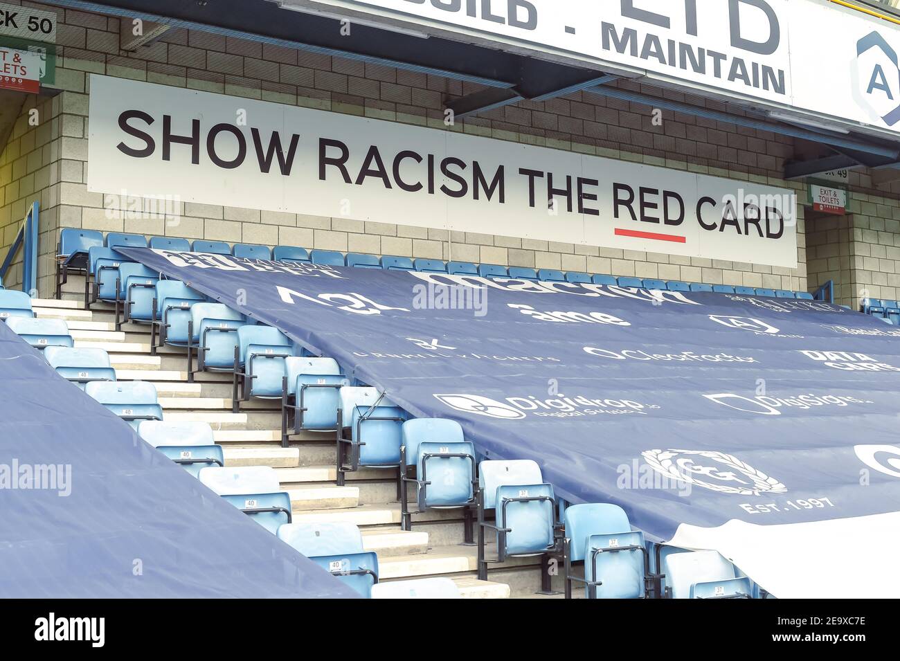 London, UK. 06th Feb, 2021. Sign at the away end at the Den Home of ...