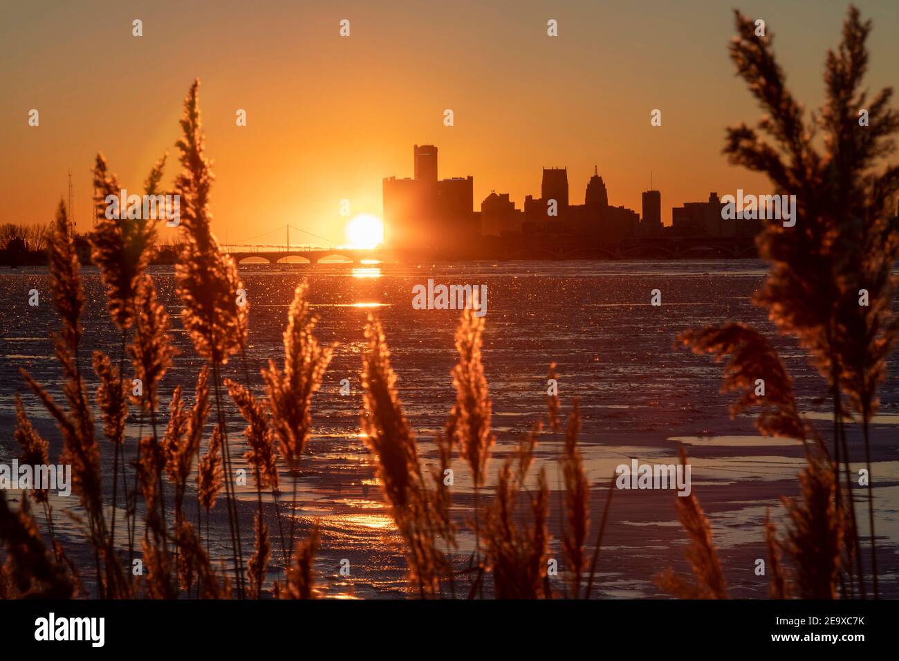 Detroit, Michigan - The Detroit River is filled with winter ice as the ...