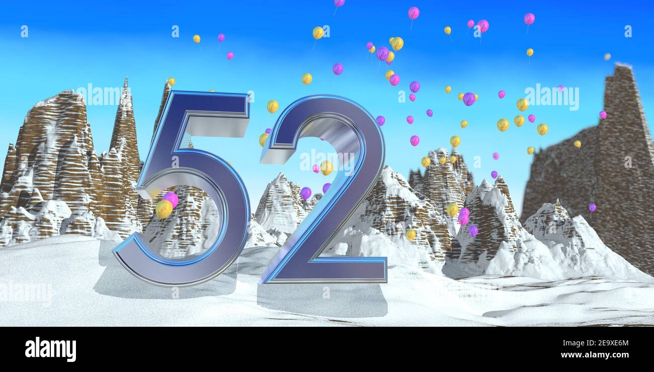 Number 52 in thick blue font on a snowy mountain with rock mountains ...