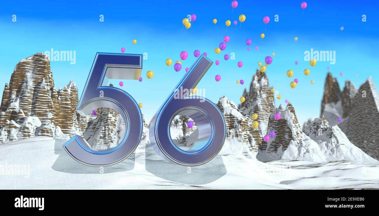 Number 56 in thick blue font on a snowy mountain with rock mountains ...