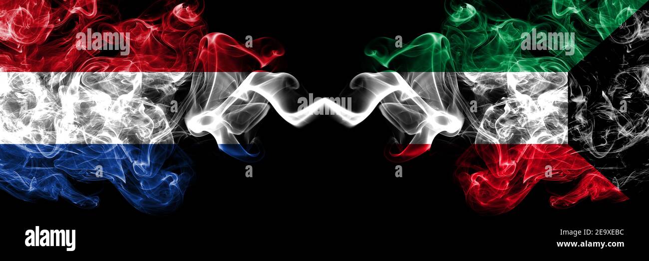 Netherlands vs Kuwait, Kuwaiti smoky mystic flags placed side by side ...