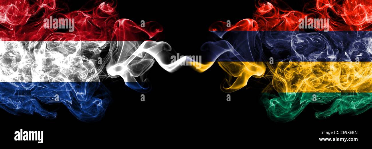 Netherlands vs Mauritius smoky mystic flags placed side by side. Thick ...