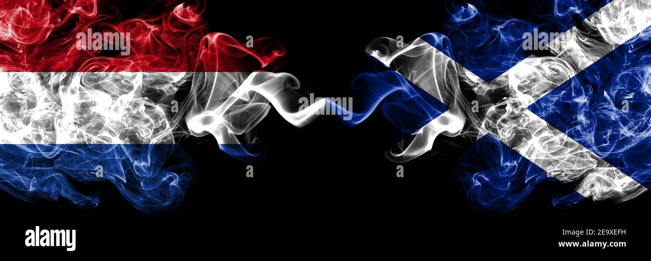 Netherlands vs Scotland, Scottish, Scots smoky mystic flags placed side ...