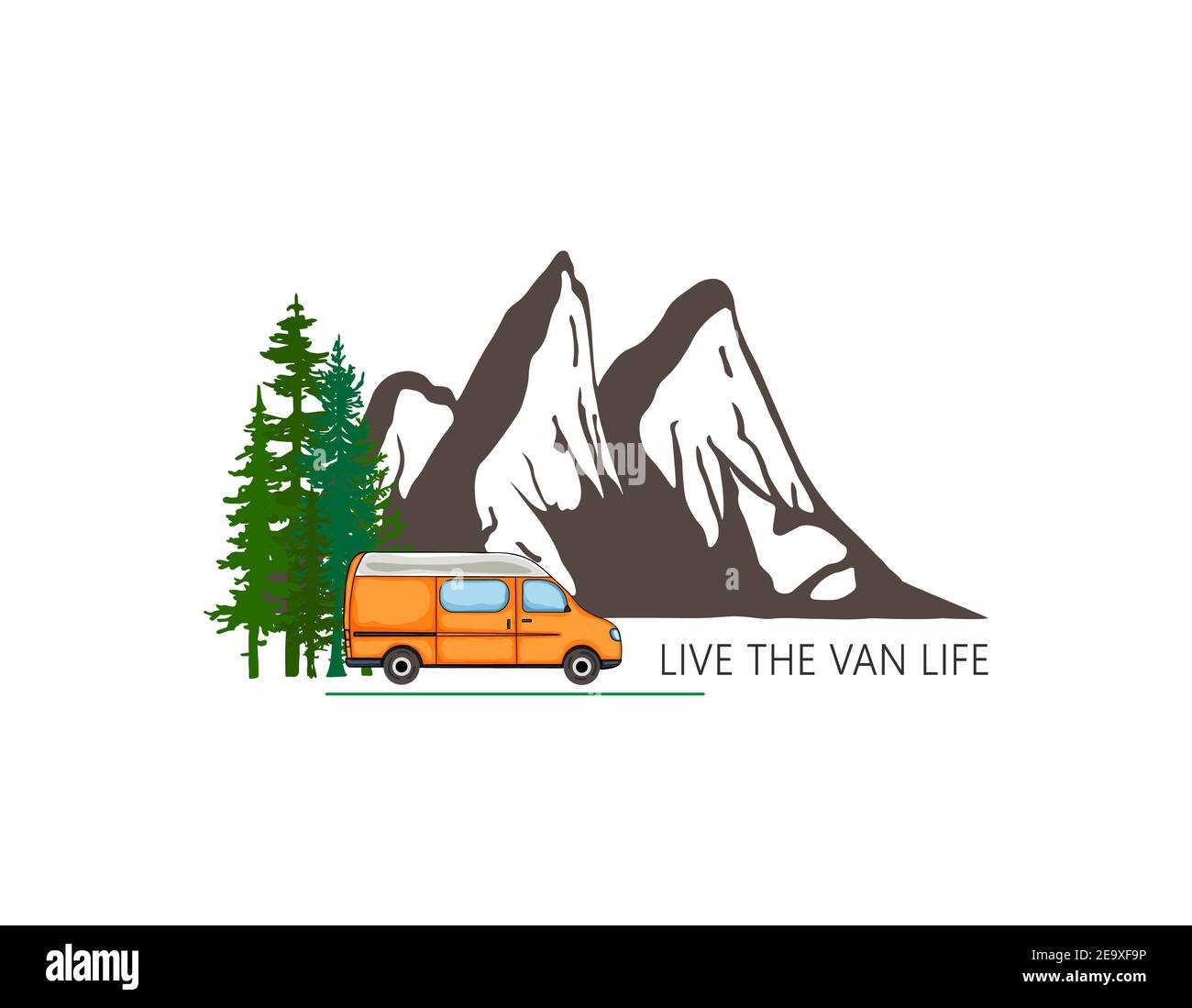Camper van with forest and mountains in the background. Living van life ...