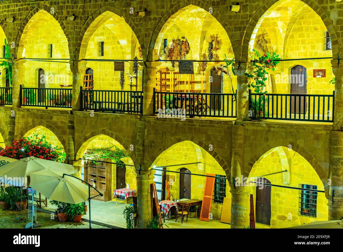 Night view of an arcade of Buyuk Han in Lefkosa, Cyprus Stock Photo - Alamy
