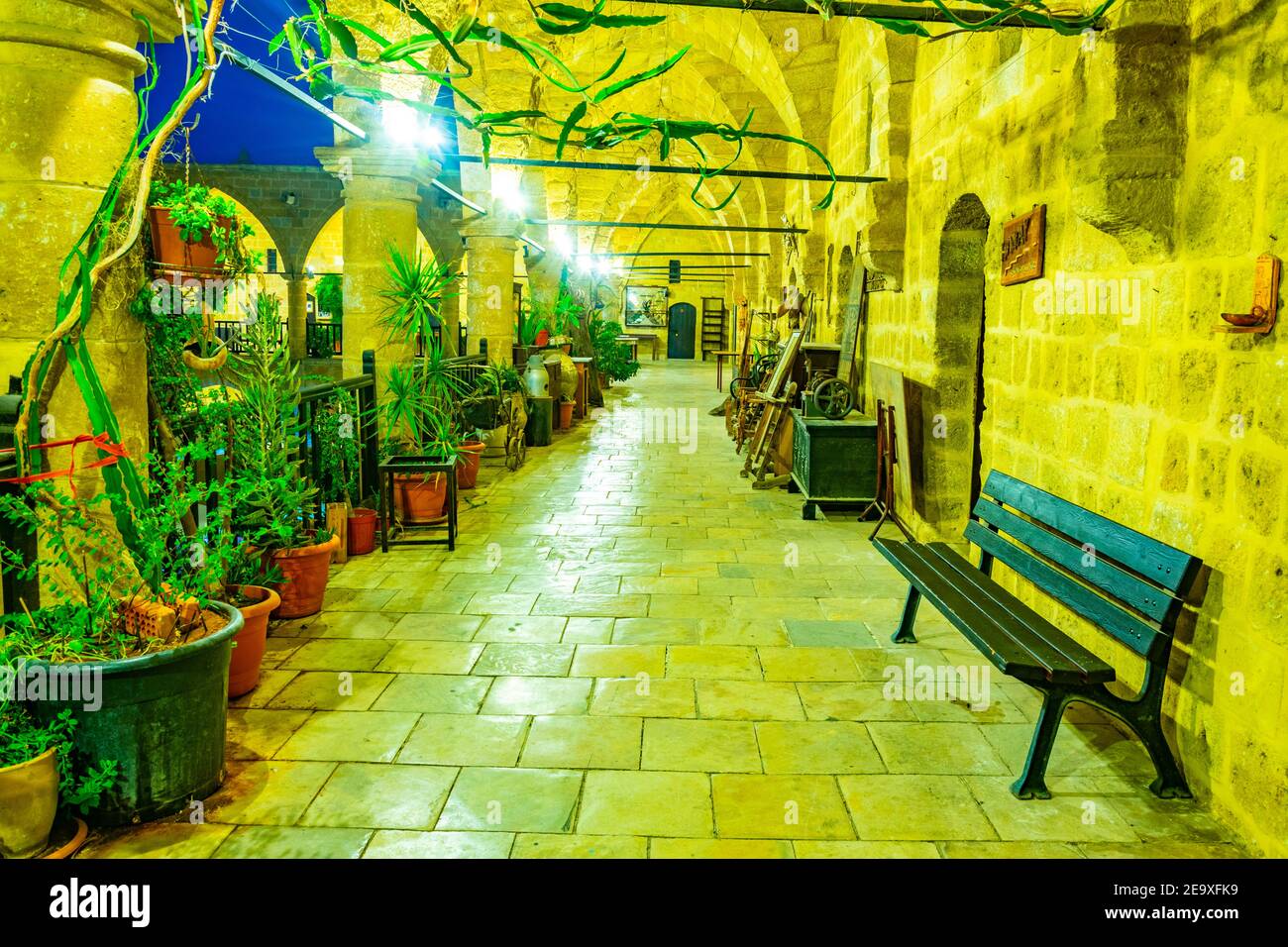 Night view of an arcade of Buyuk Han in Lefkosa, Cyprus Stock Photo - Alamy
