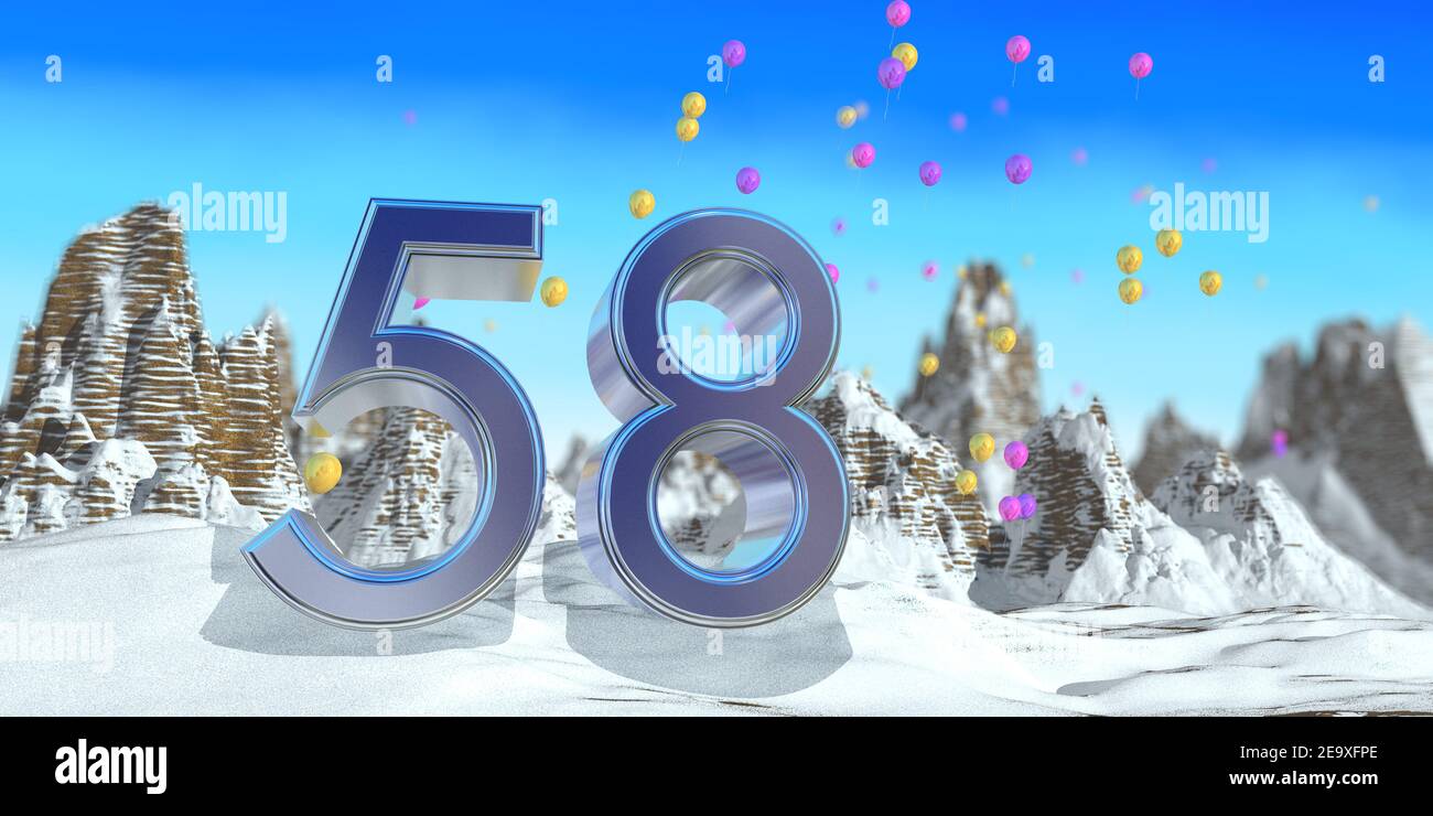 Number 58 in thick blue font on a snowy mountain with rock mountains ...