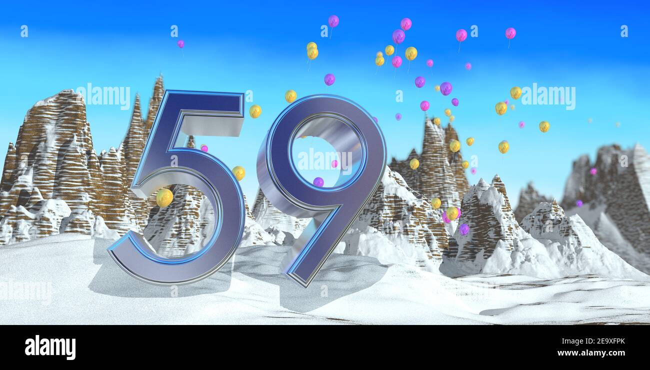 Number 59 in thick blue font on a snowy mountain with rock mountains ...