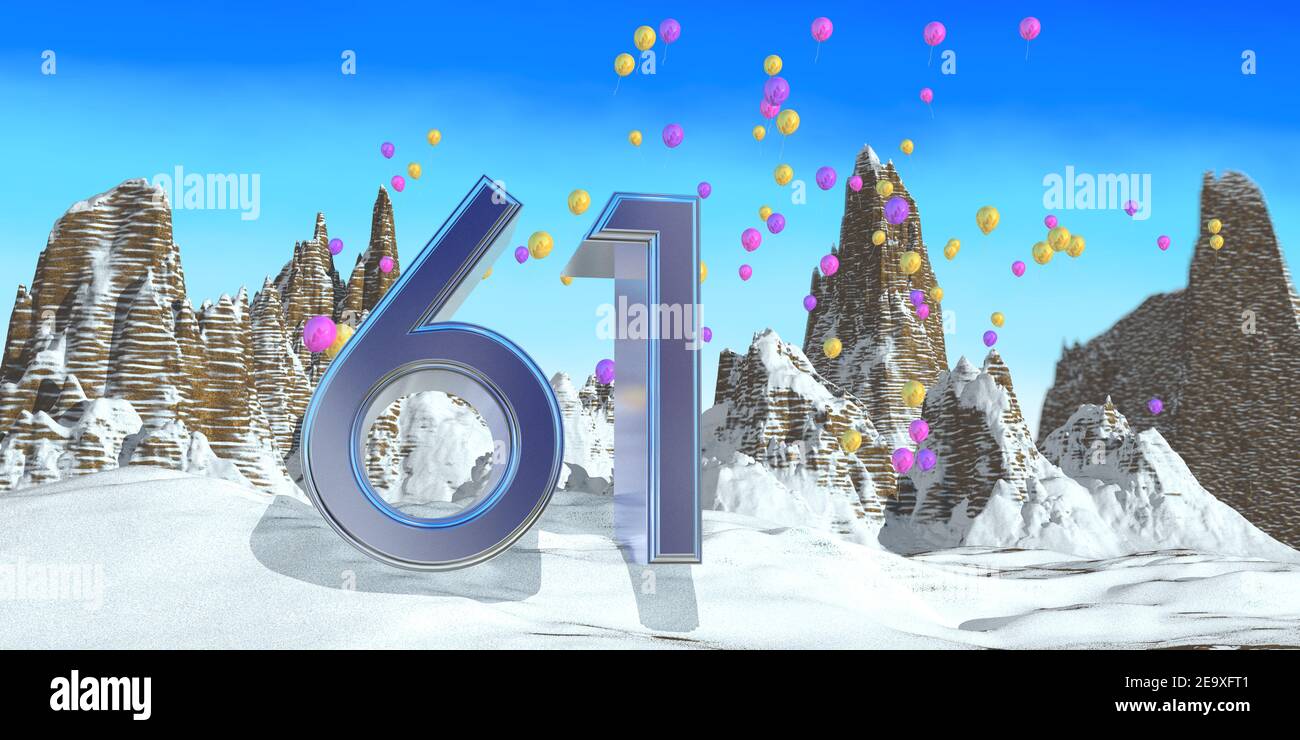 Number 61 in thick blue font on a snowy mountain with rock mountains ...