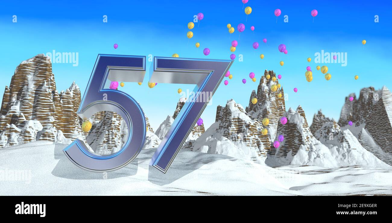 Number 57 in thick blue font on a snowy mountain with rock mountains ...