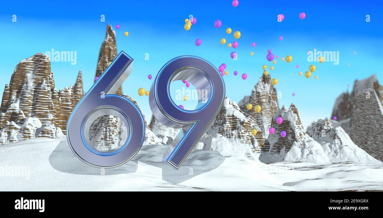 Number 69 in thick blue font on a snowy mountain with rock mountains ...