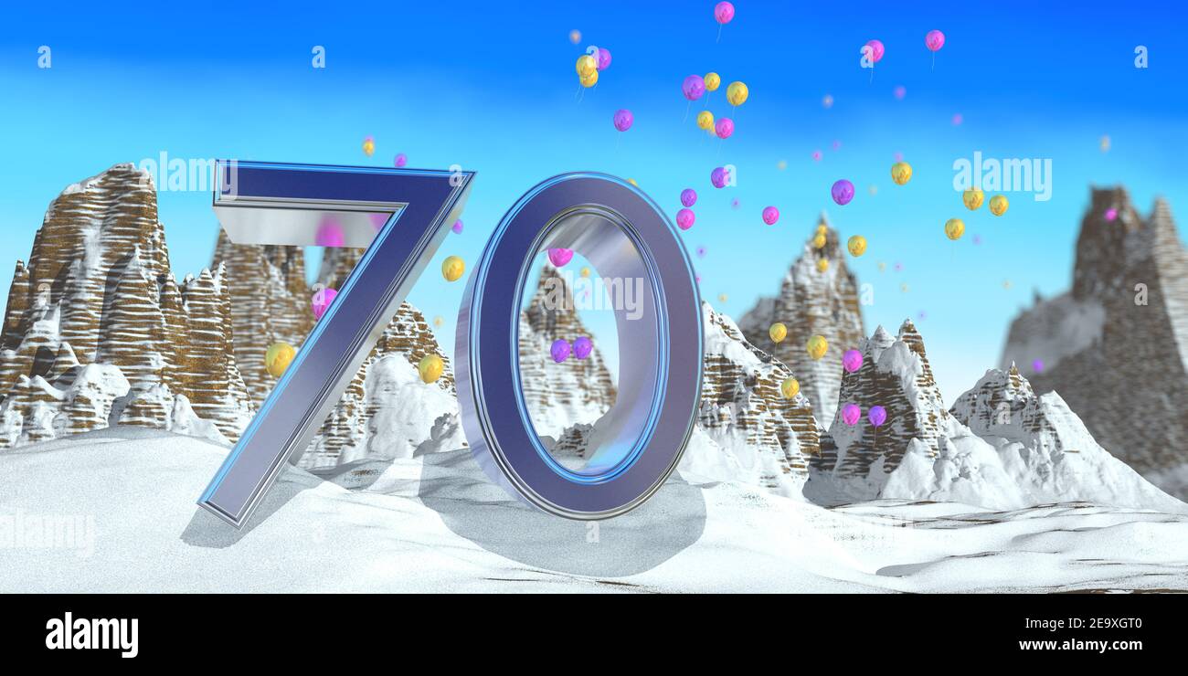 Number 70 in thick blue font on a snowy mountain with rock mountains ...