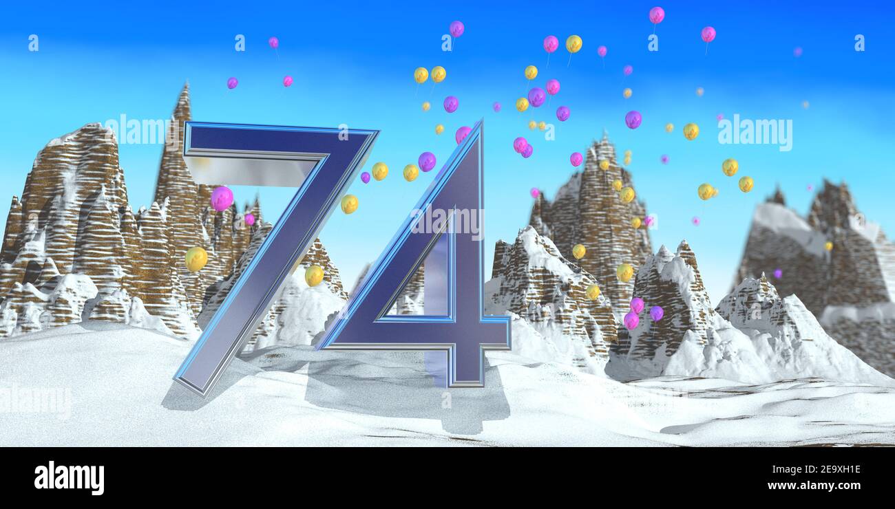Number 74 in thick blue font on a snowy mountain with rock mountains ...