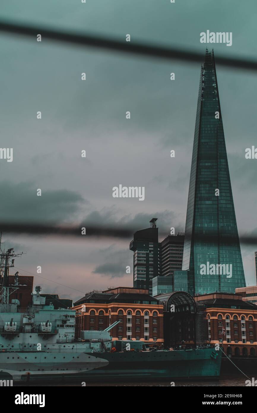 View of the Shard skyscraper, tallest building in London city. HMS ...