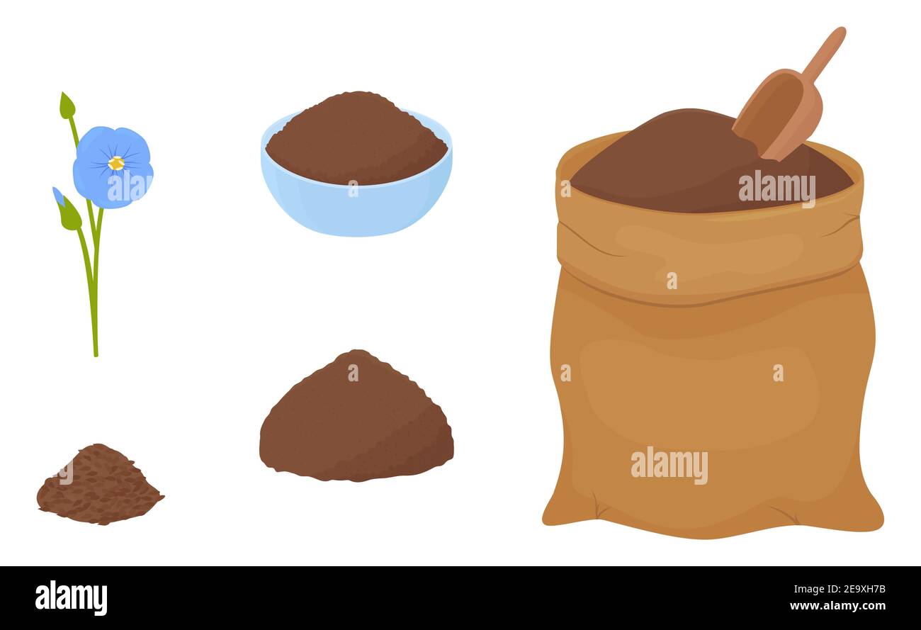 Flax flour heap in blue bowl and brown fabric bag isolated on white ...