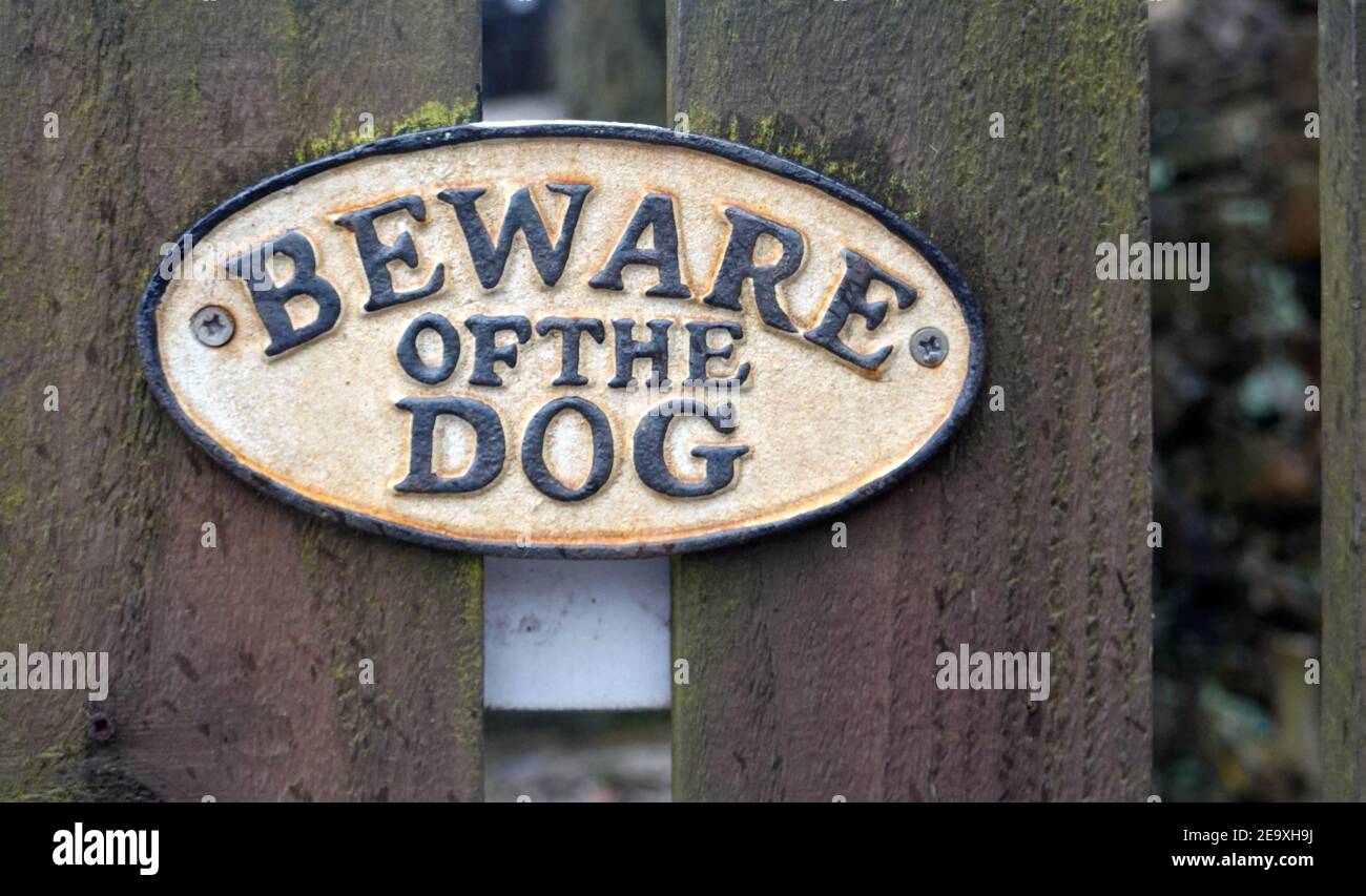 A Beware of the Dog warning on a house gate in New Mills, Derbyshire ...