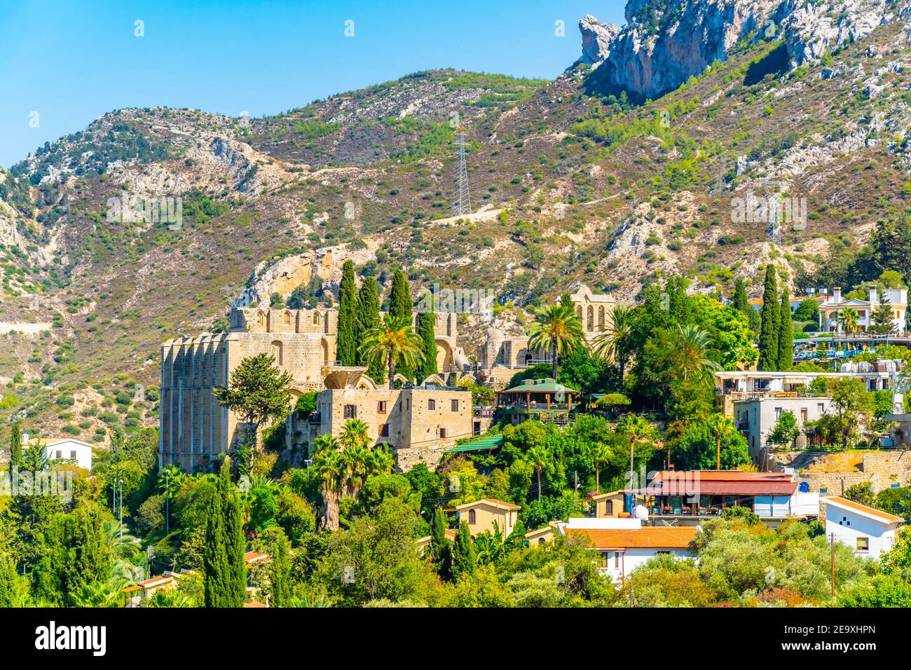 Aerial view of Bellapais abbey at Beylerbeyi village in Northern Cyprus ...