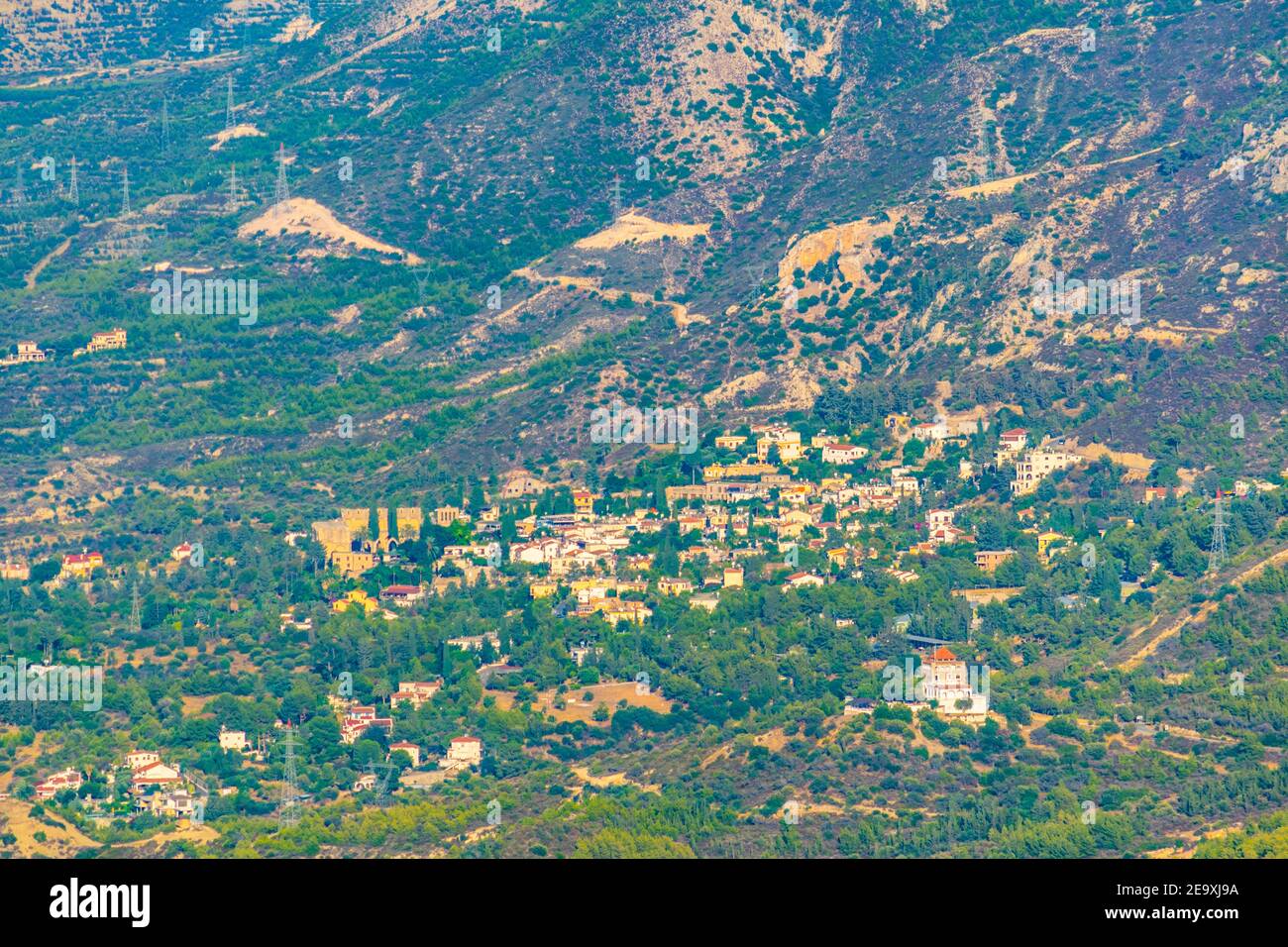 Aerial view of Bellapais abbey at Beylerbeyi village in Northern Cyprus ...