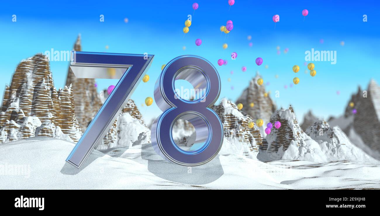Number 78 in thick blue font on a snowy mountain with rock mountains ...