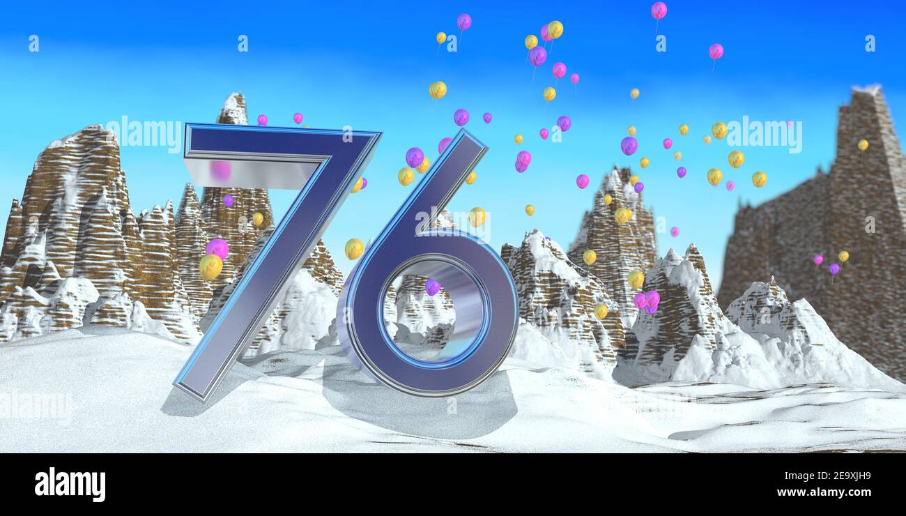 Number 76 in thick blue font on a snowy mountain with rock mountains ...