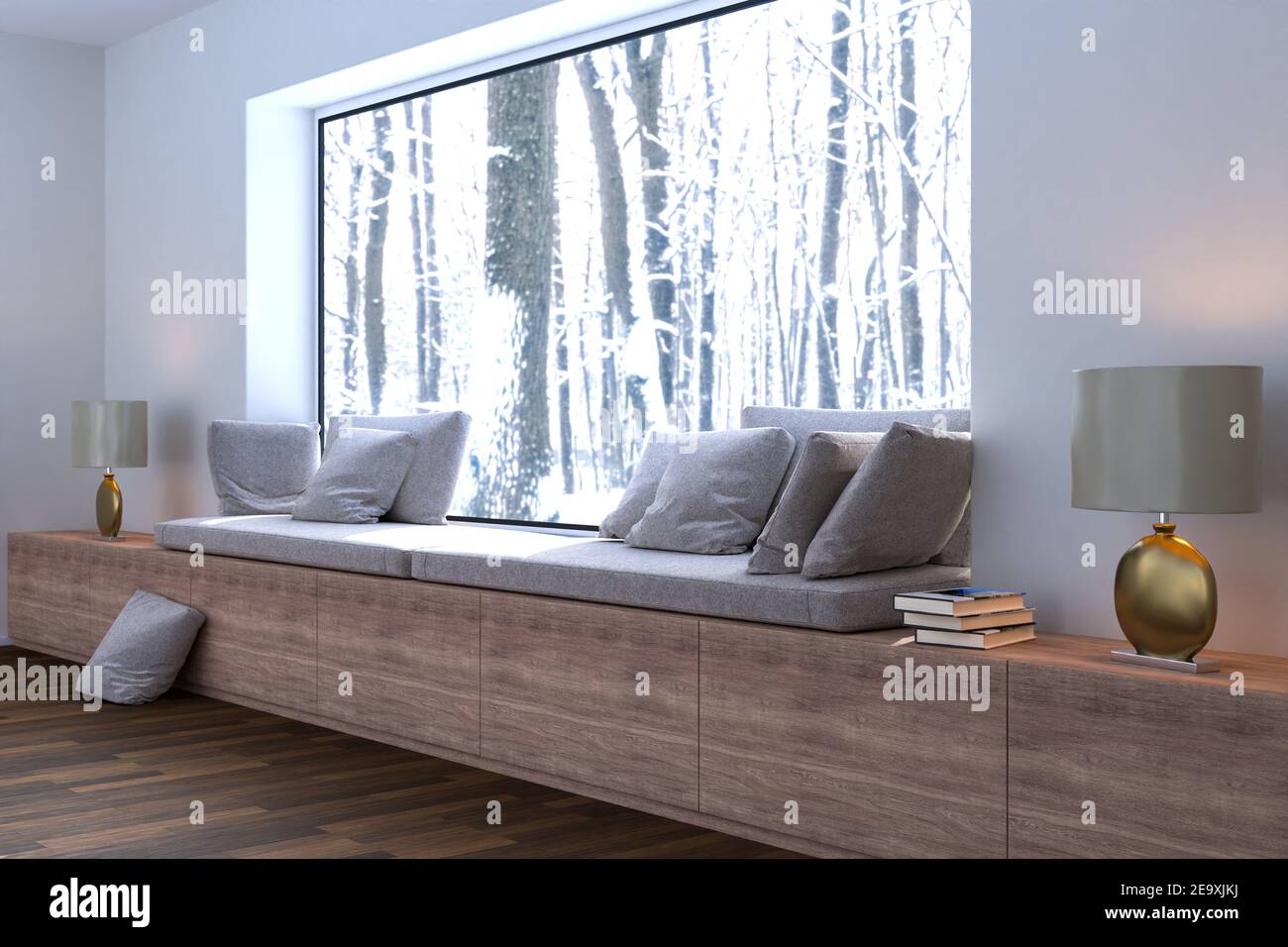 A cozy bench at a large panoramic window with built-in storage space ...