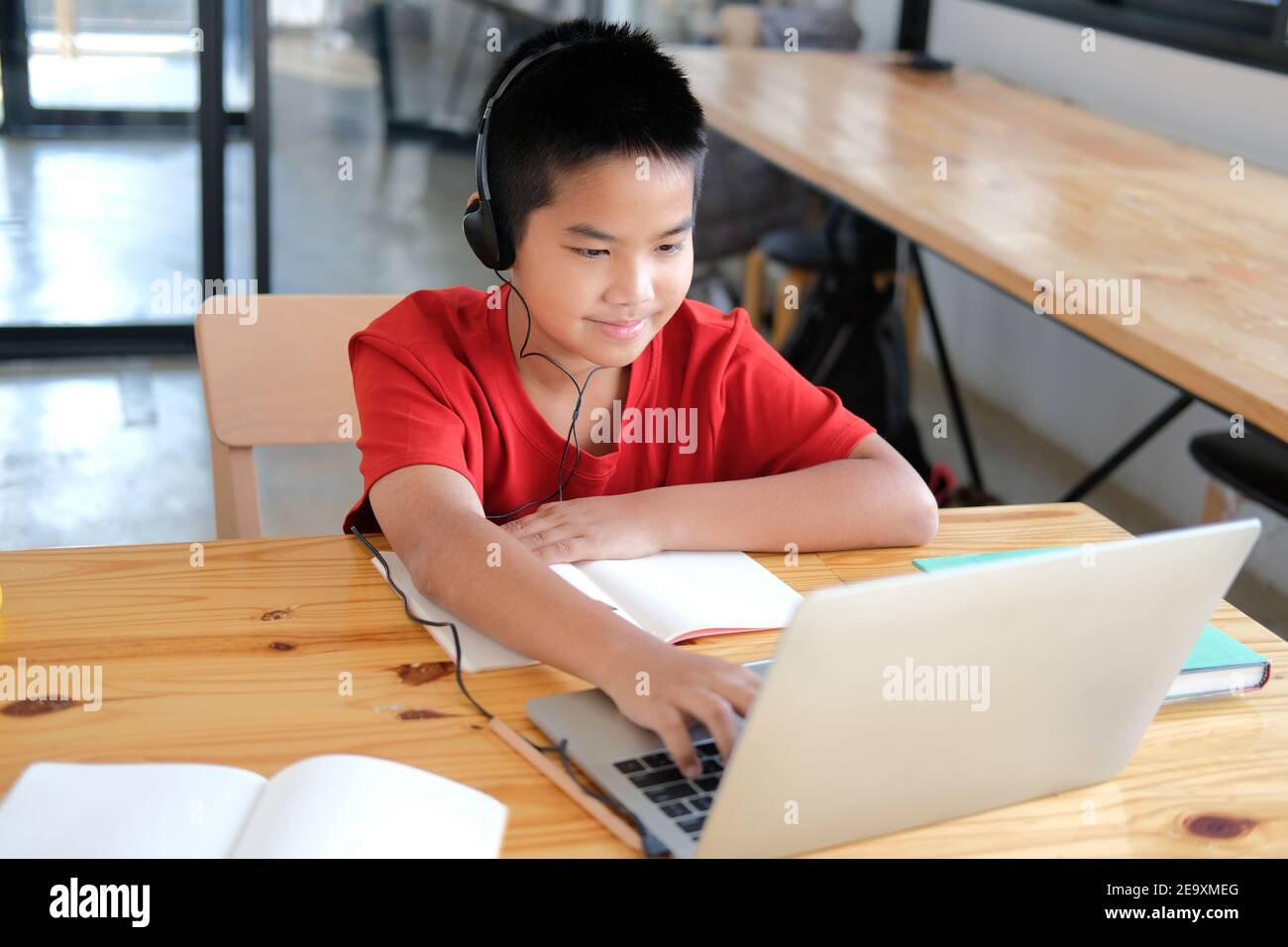 asian boy student studying learning lesson online. remote meeting ...