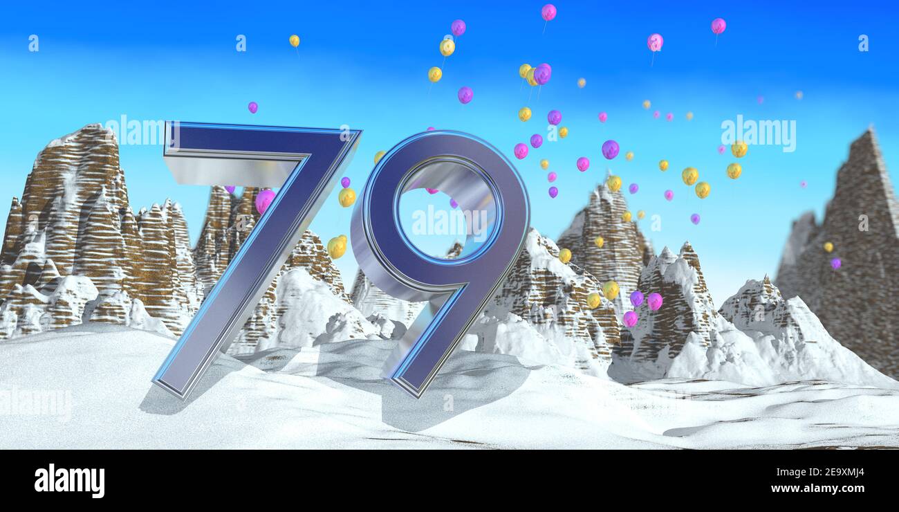 Number 79 in thick blue font on a snowy mountain with rock mountains ...