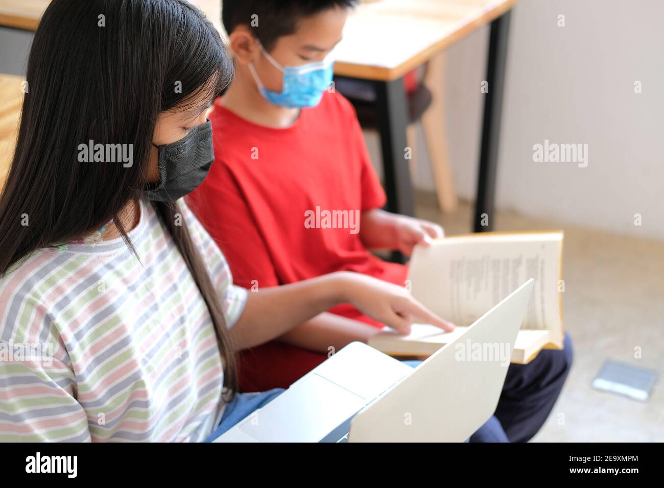 asian boy girl student wearing face mask studying learning lesson ...