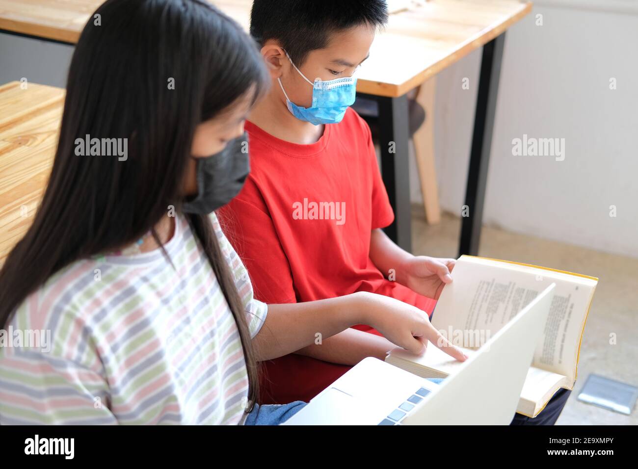 asian boy girl student wearing face mask studying learning lesson ...