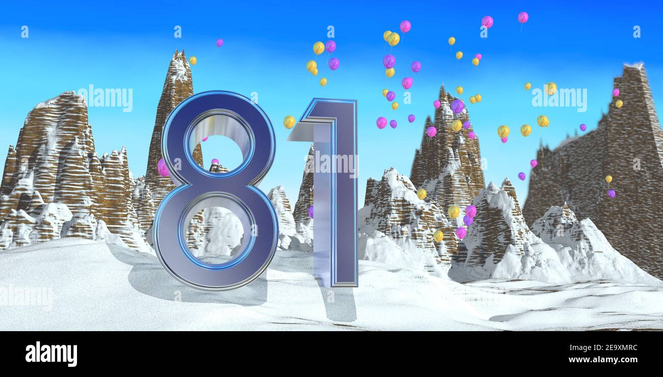 Number 81 in thick blue font on a snowy mountain with rock mountains ...