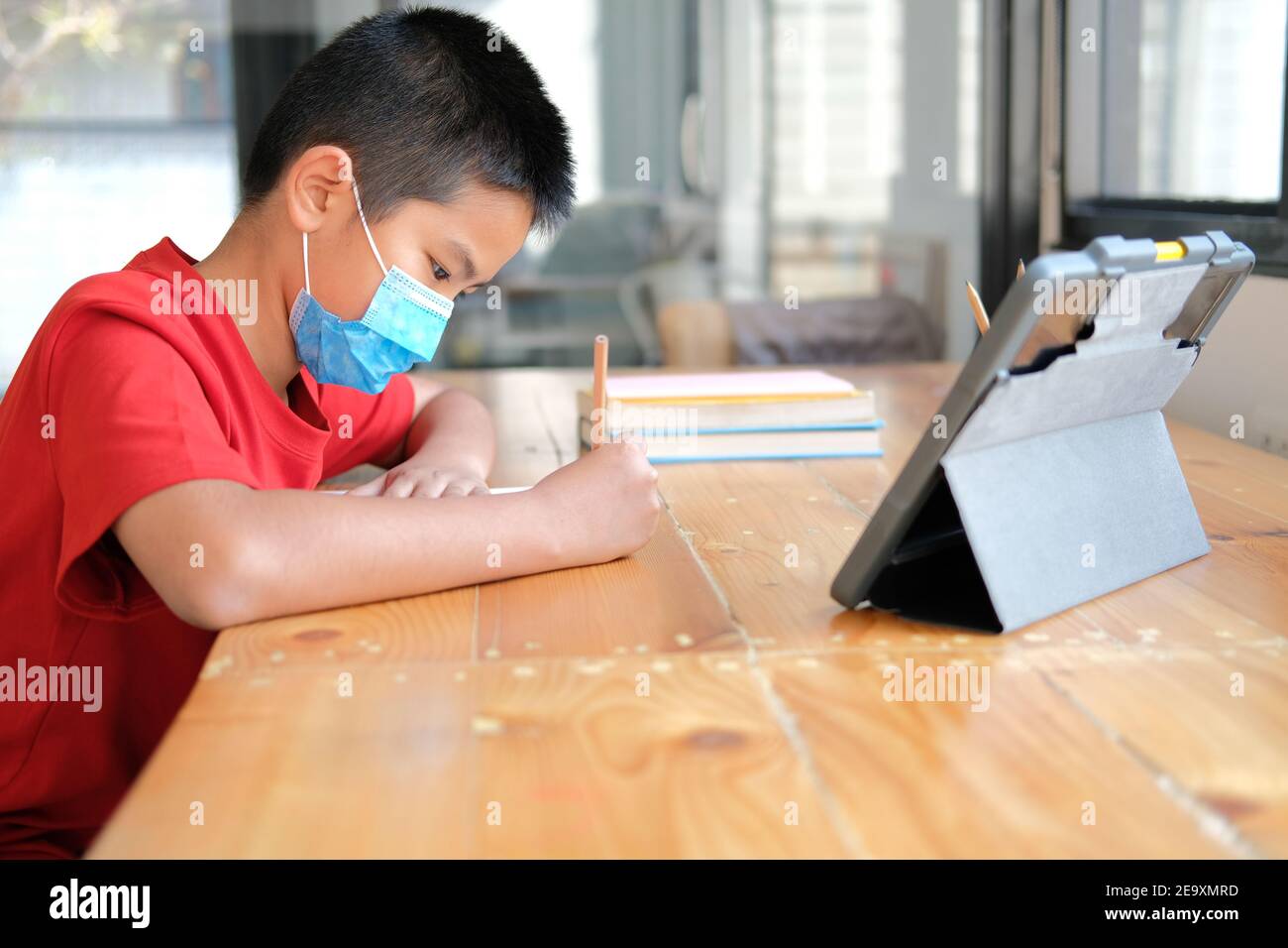 asian boy student wearing face mask studying learning lesson online ...