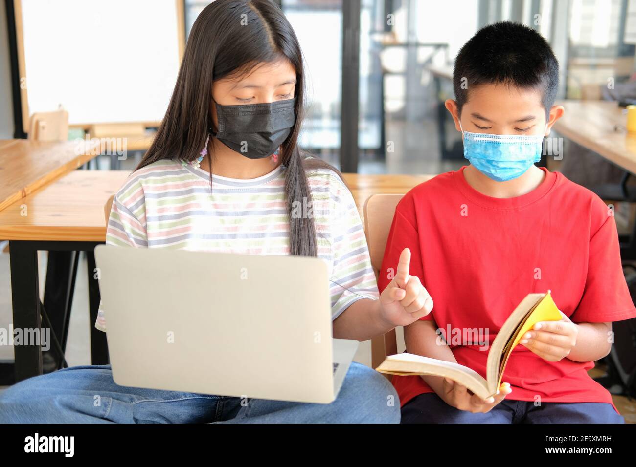 asian boy girl student wearing face mask studying learning lesson ...