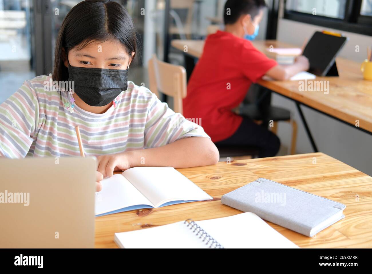 asian boy girl student wearing face mask studying learning lesson ...