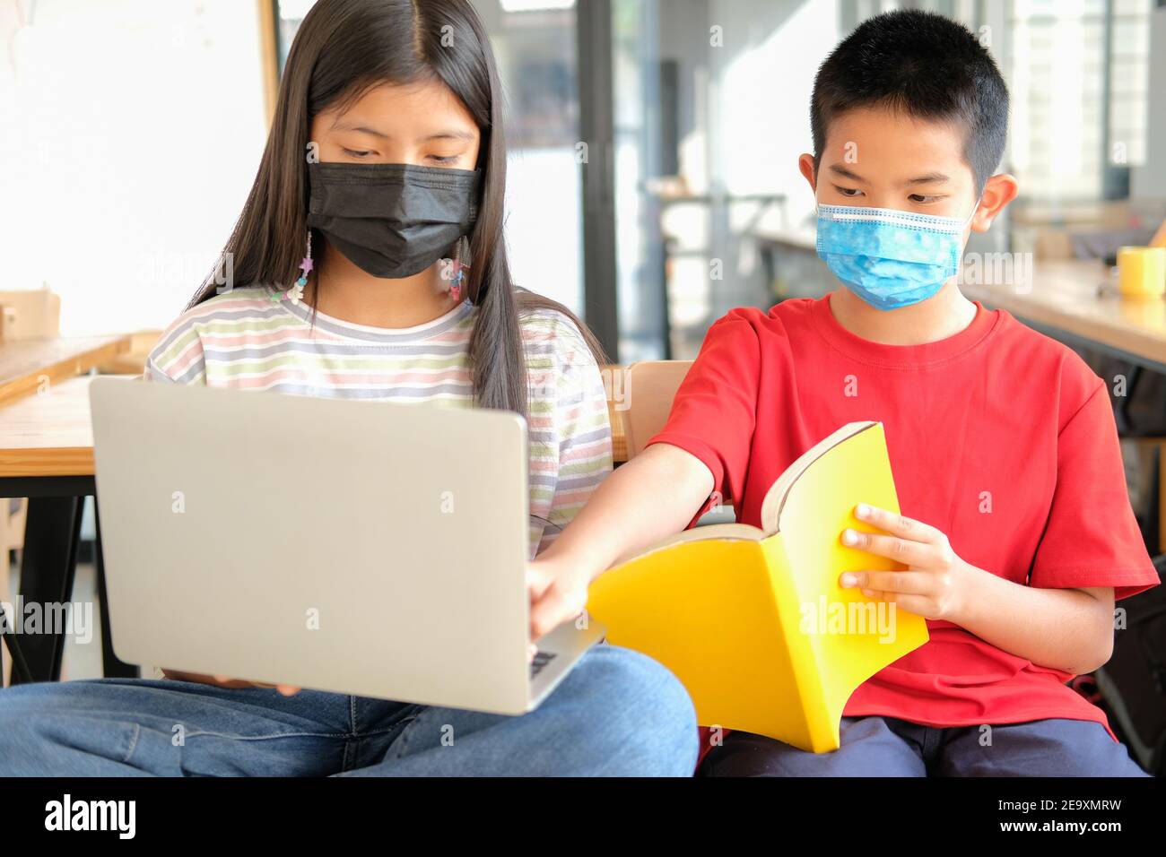 asian boy girl student wearing face mask studying learning lesson ...