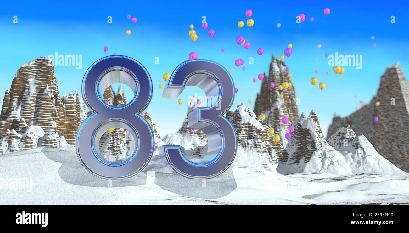 Number 83 in thick blue font on a snowy mountain with rock mountains ...
