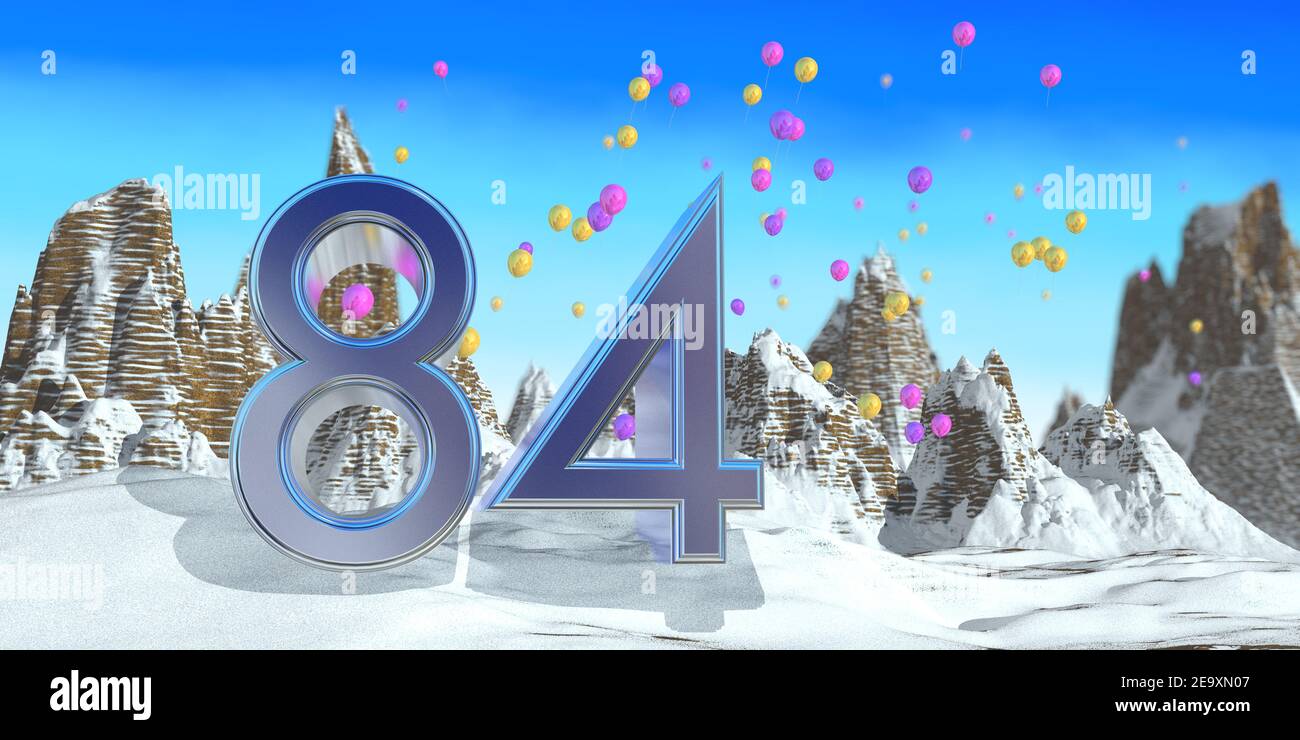 Number 84 in thick blue font on a snowy mountain with rock mountains ...