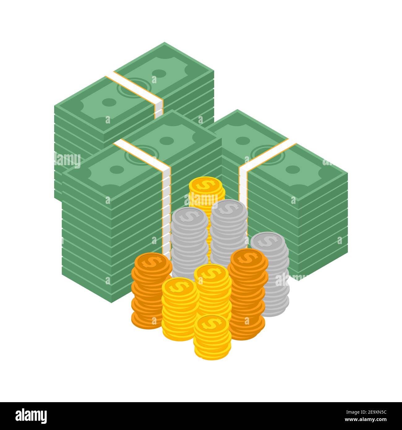 Big money concept. Big pile of cash. Hundreds of dollars. Gold coins ...