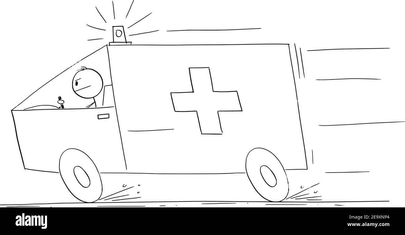 Ambulance responding to emergency, vector cartoon stick figure or ...