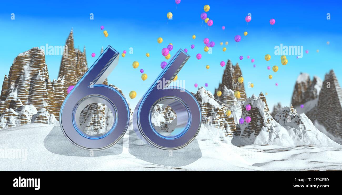 Number 66 in thick blue font on a snowy mountain with rock mountains ...